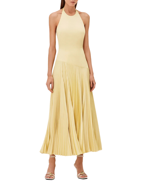 Saab Pleated Satin Backless Halter Dress - Light Yellow (AX)