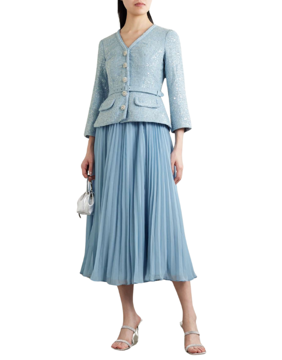 Sequined Boucle Tweed and Pleated Chiffon Belted Midi Dress - Sky Blue (SP)