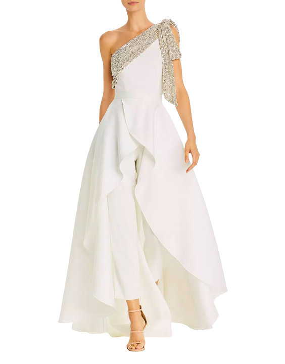 Gavin Sequined One-Shoulder Jumpsuit with Add-on Cape - Ivory White ...